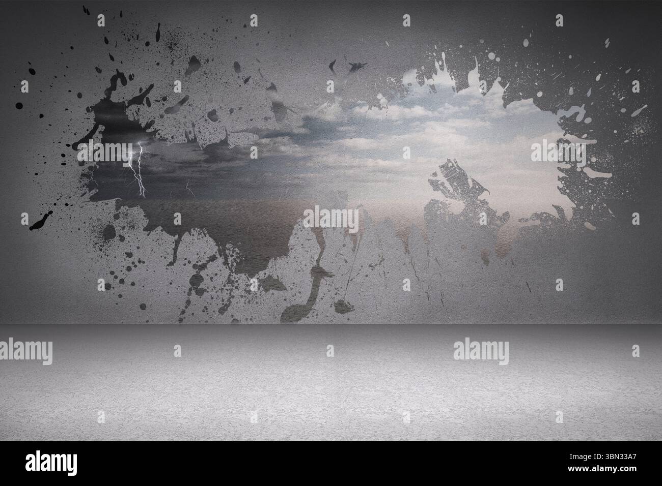 Splash on wall revealing desert landscape Stock Photo - Alamy