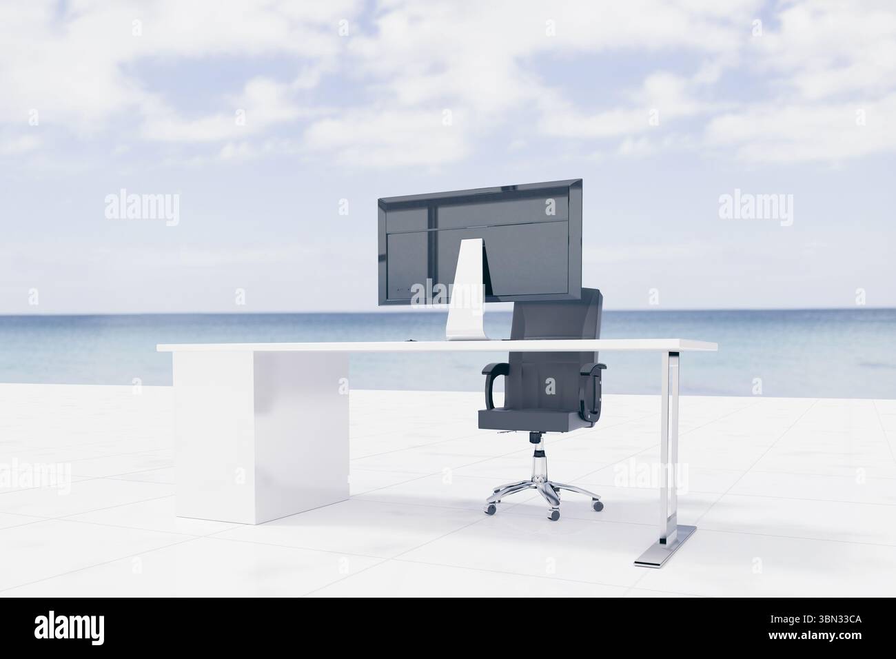 Flat design white desk is sitting on tiled terrace overlooking sea with ...