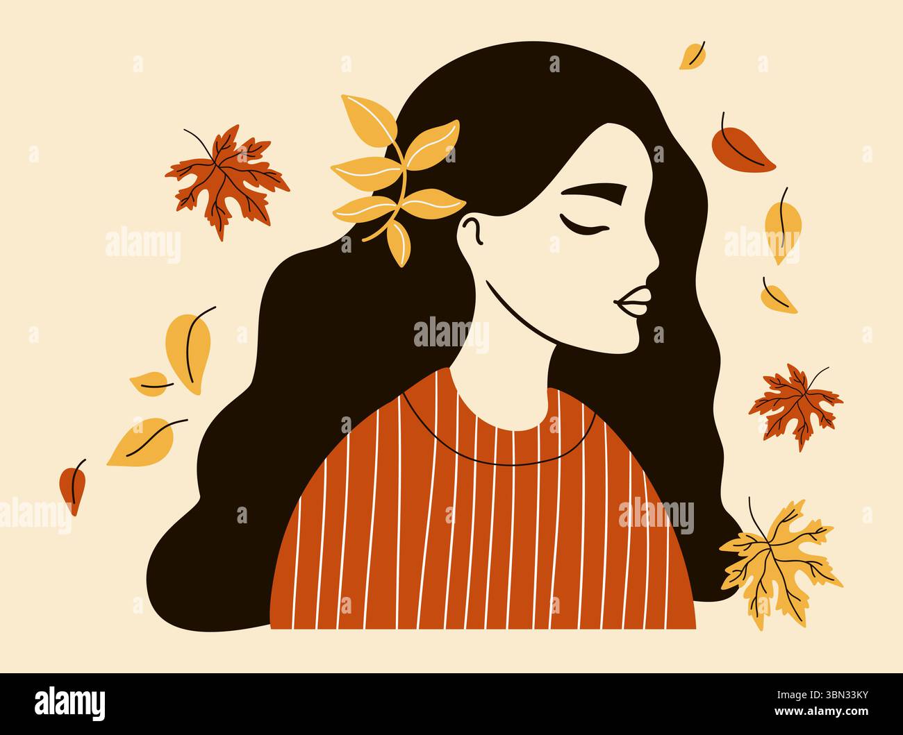 Cute Autumn woman with falling leaves. Minimalist Female Autumnal ...