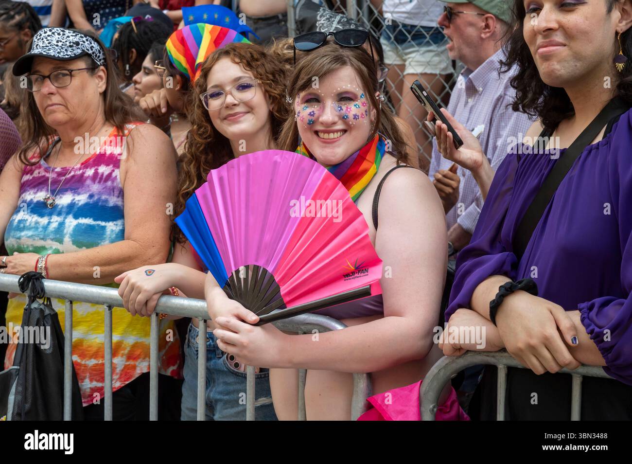 Thousands of spectators with pride flags watch the annual New York City Pride Parade on June 29 ...