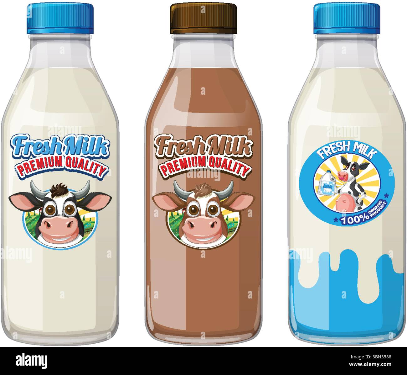 Three milk bottles with playful cow labels, showcasing vibrant colors ...