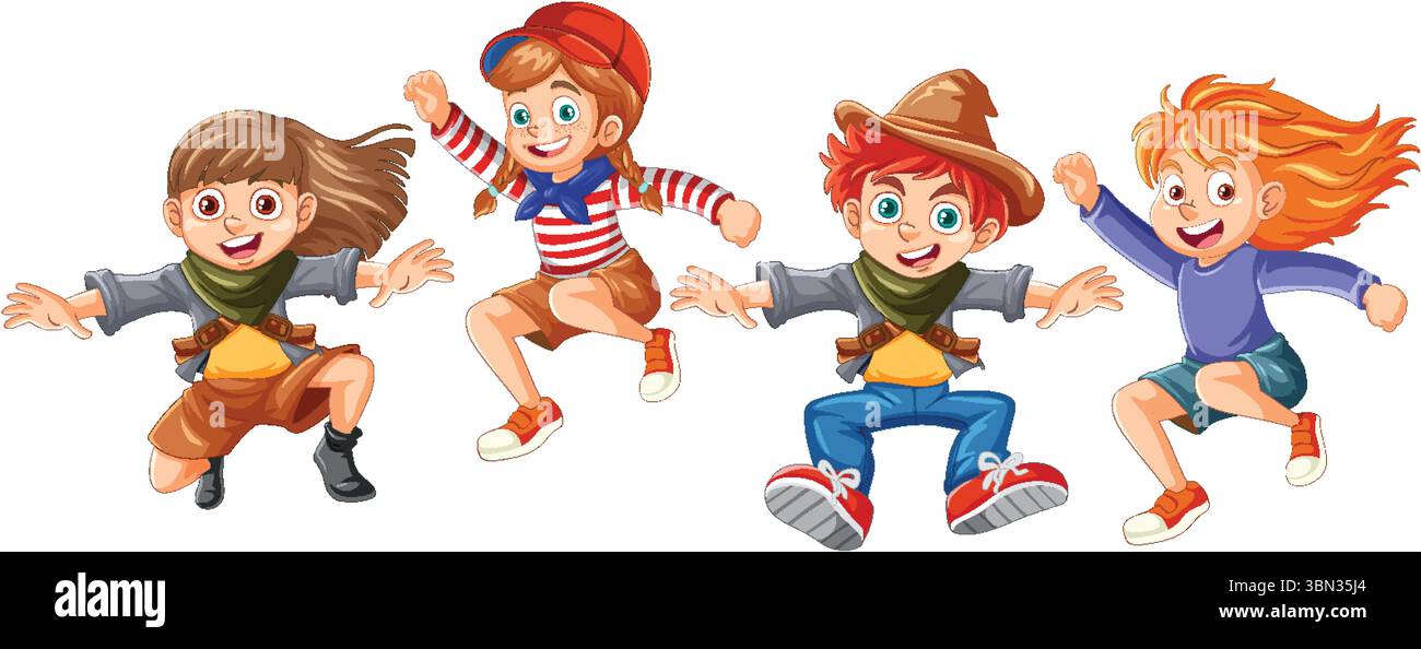 Four animated children joyfully jumping, showcasing vibrant colors and ...