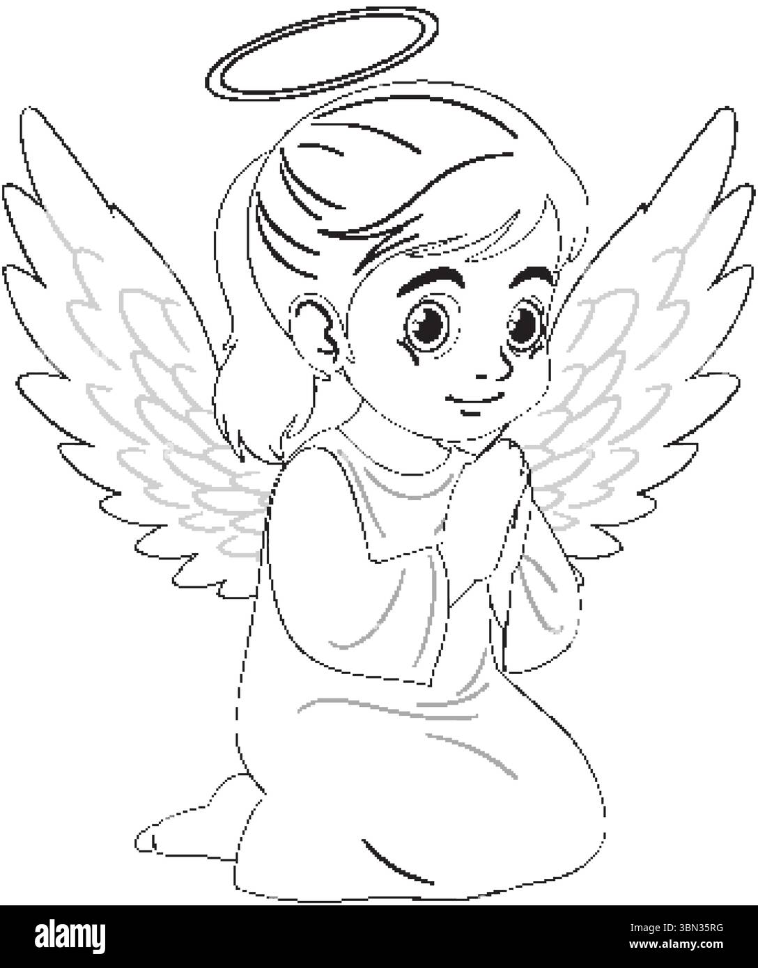Line art of a kneeling child angel with wings and halo, hands clasped ...