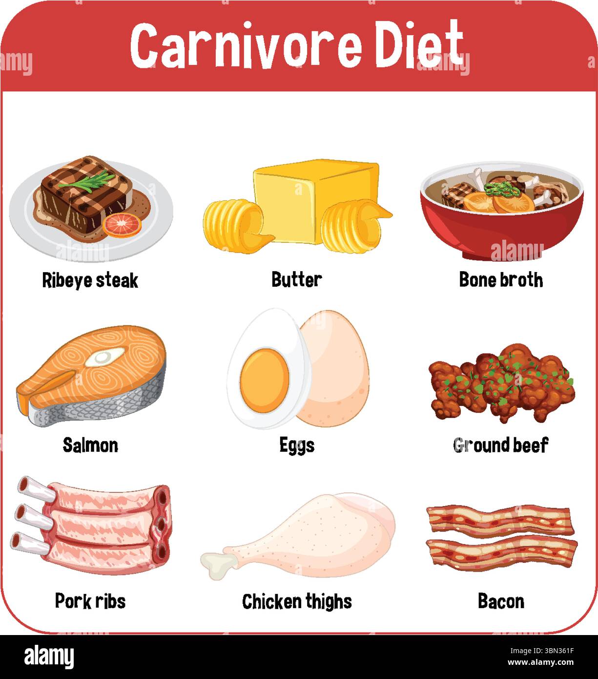 Vector illustration highlighting key foods in a carnivore diet ...