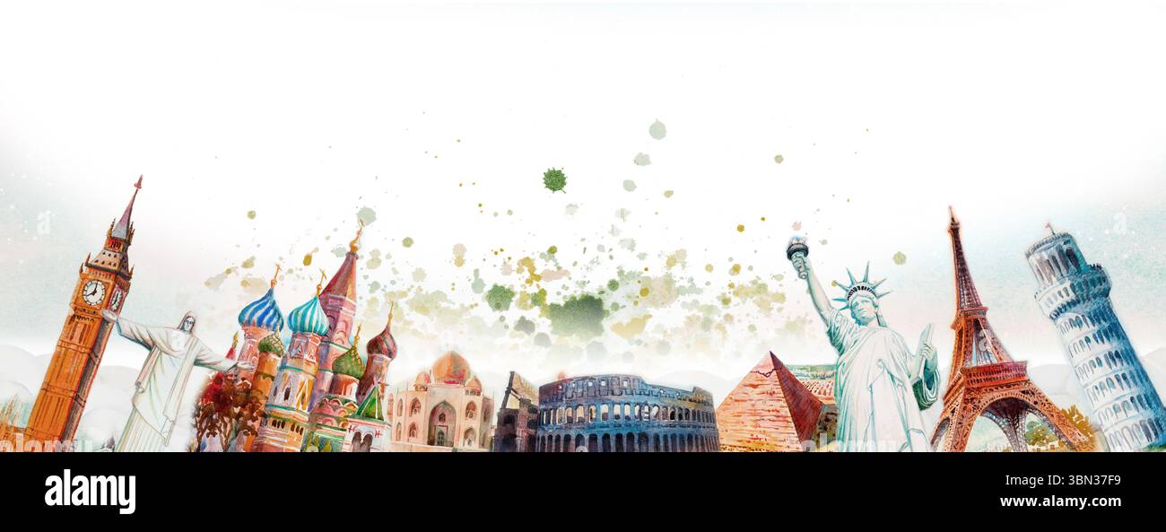 Travel landmarks world with color splatters background. Landmark ...