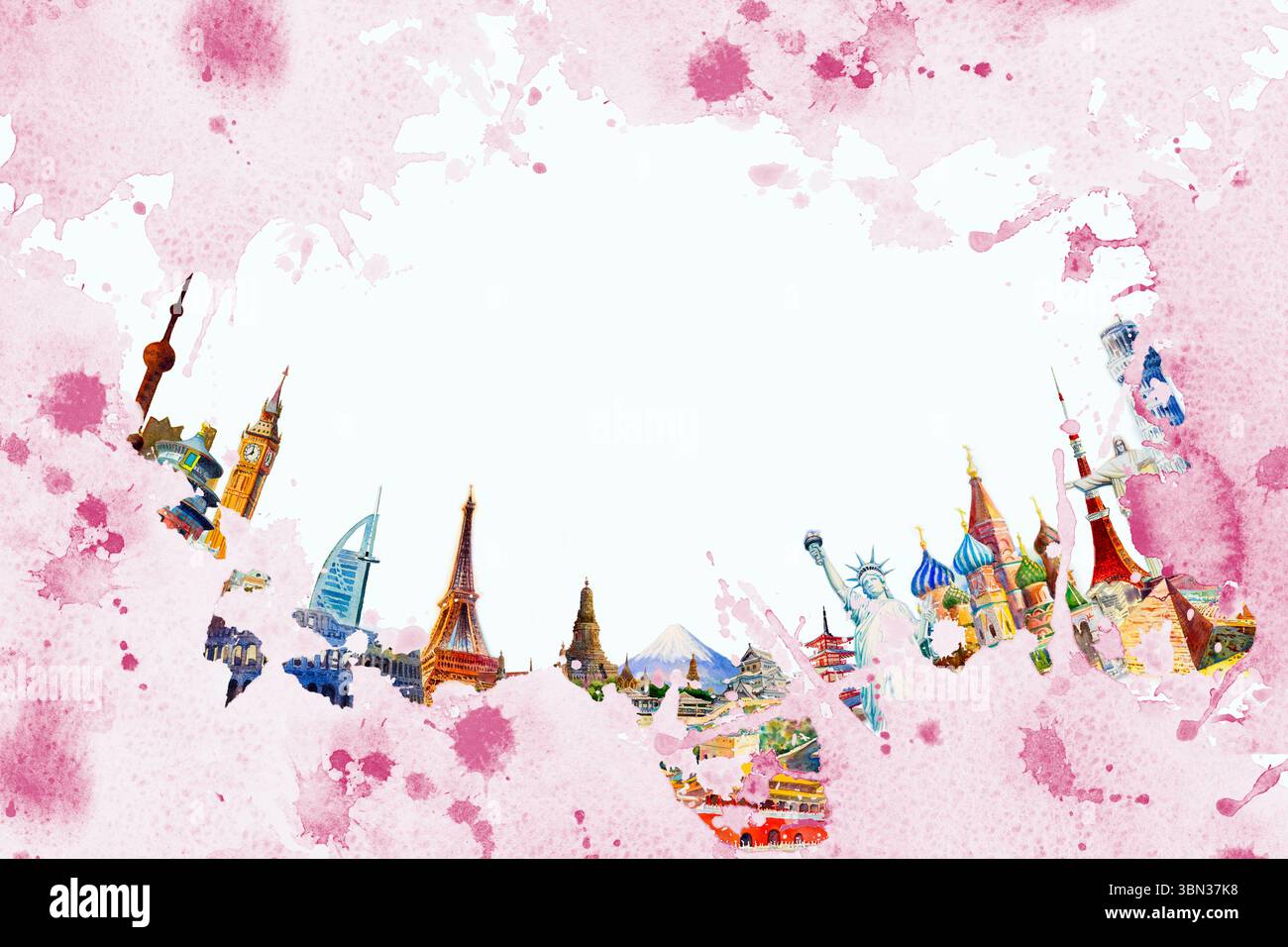 Travel landmarks world with color splatters frame. Architecture ...