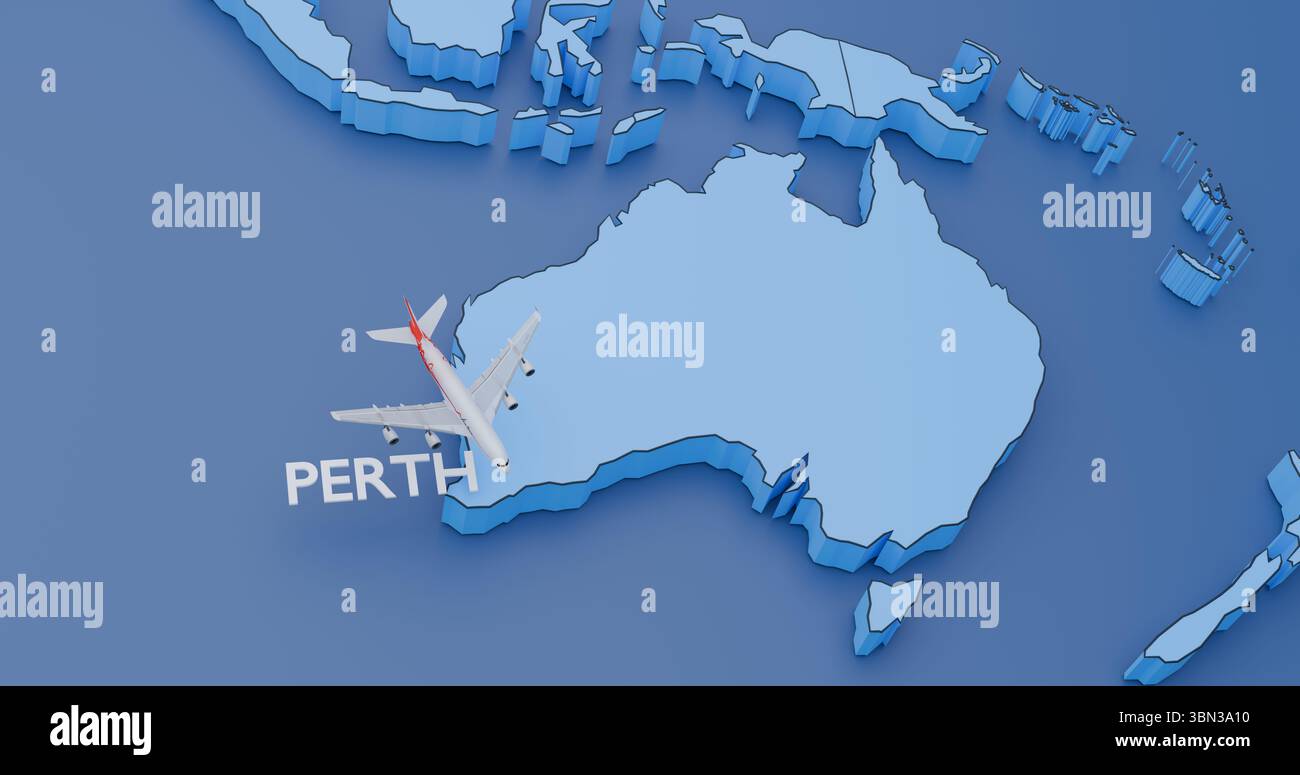 Australia, Perth, abstract illustration of a map with an airplane ...