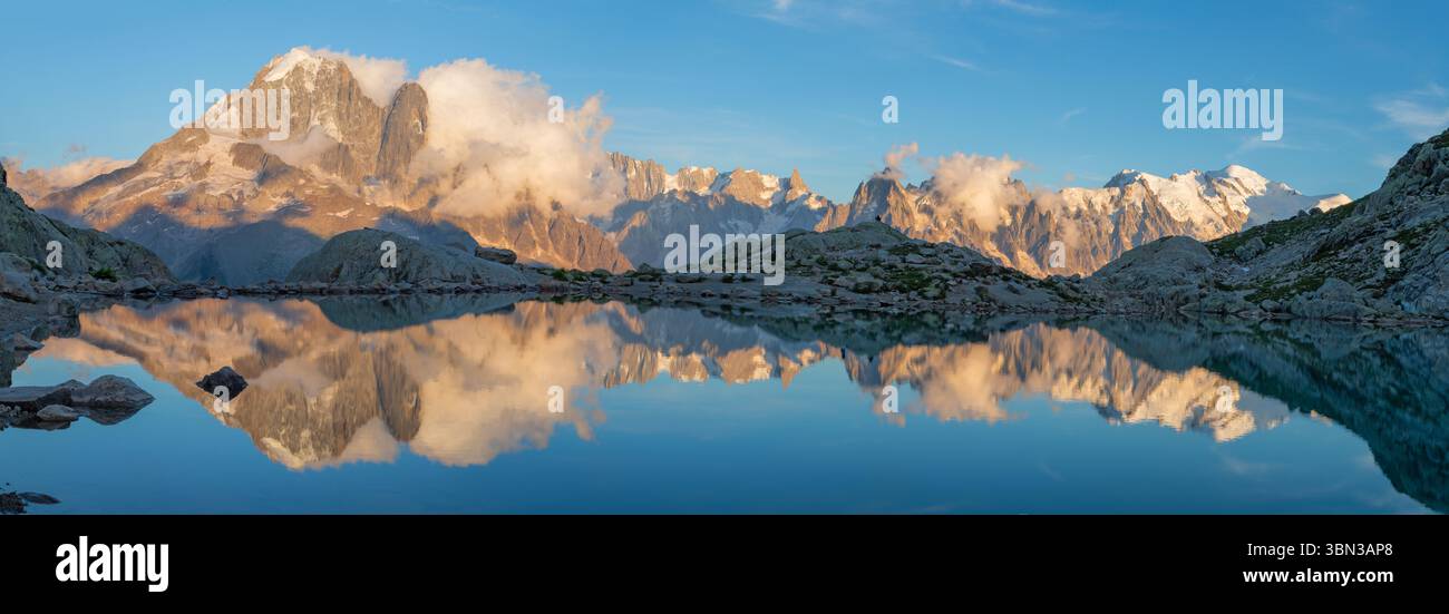 The panorama of Mont Blanc massif Les Aiguilles towers, Grand Jorasses ...