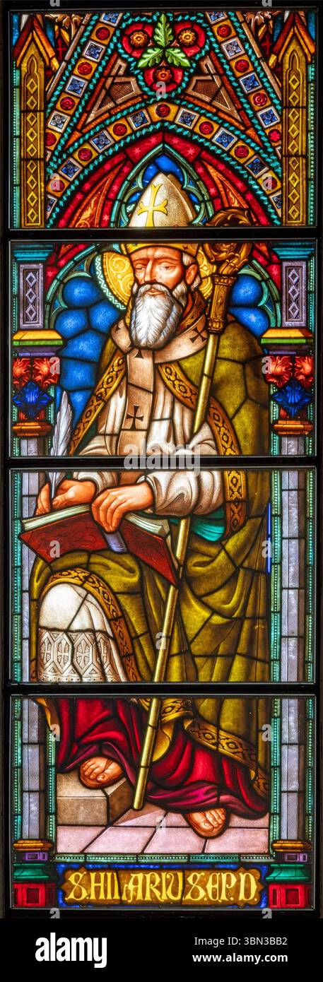 PIACENZA, ITALY - MAY 20, 2025: The St. Hilarius on the stained glass ...
