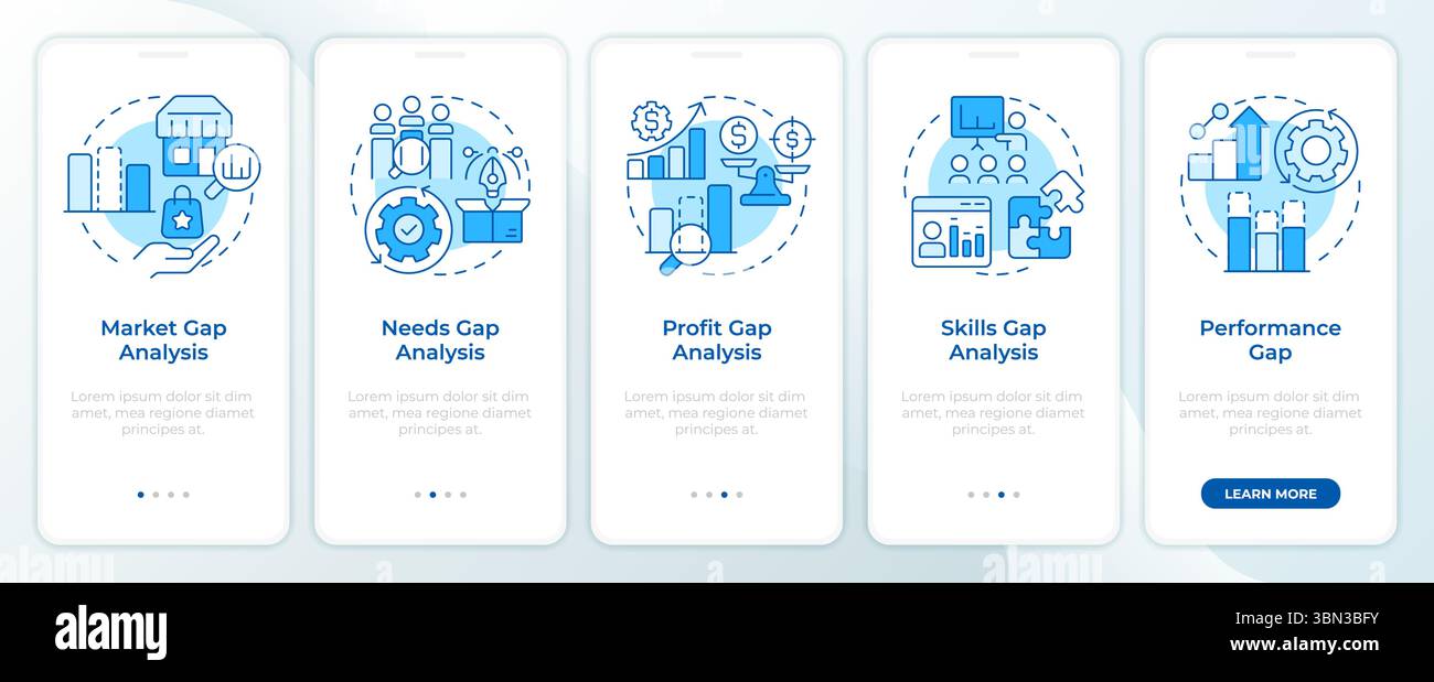 Types of gap analysis blue onboarding mobile app screen Stock Vector ...