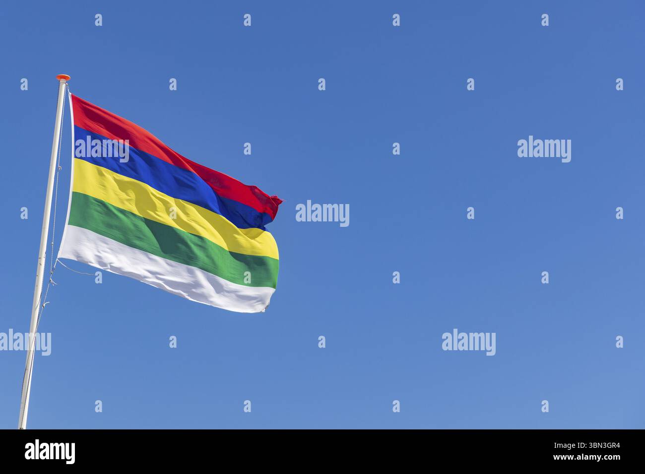 Waving flag of Terschelling in front of a blue sky at Wadden island ...