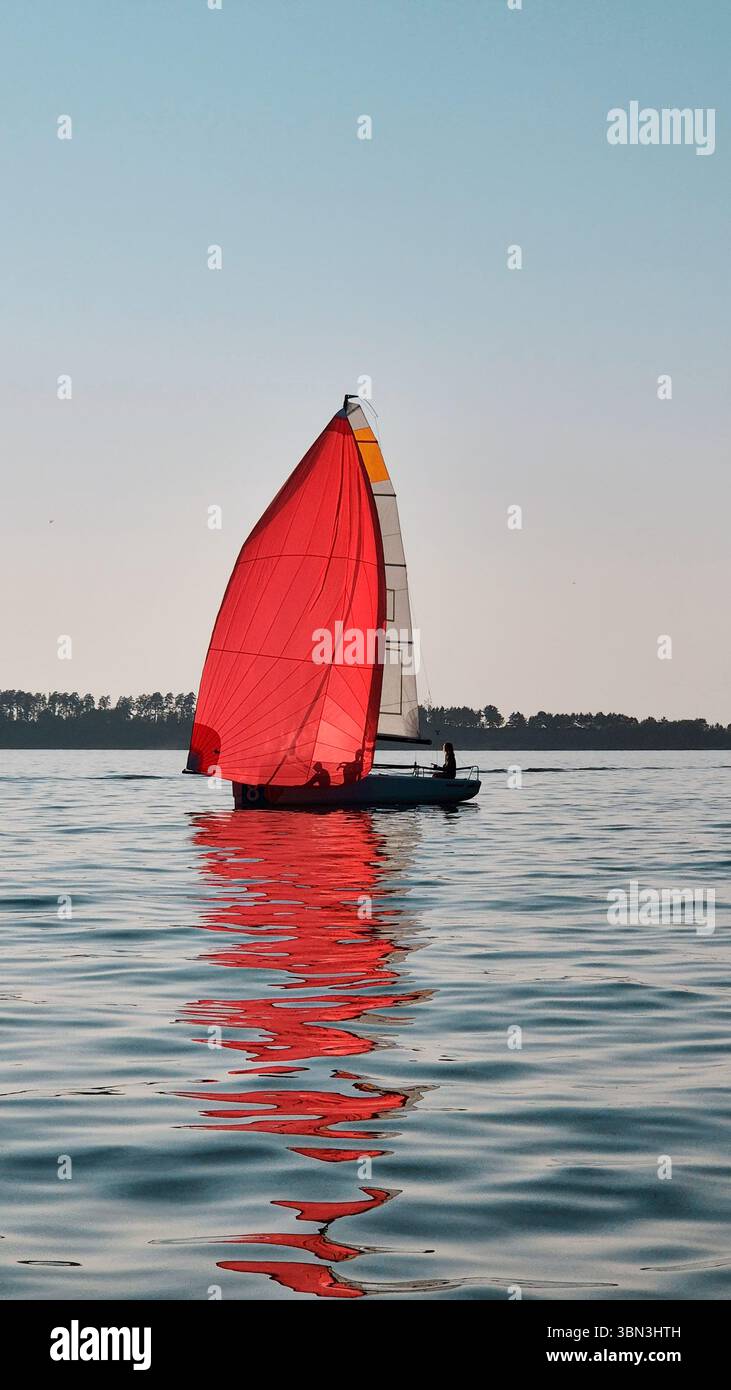 A sailboat with a vibrant red spinnaker sail glides smoothly across ...