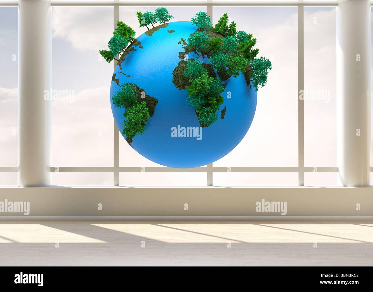 Floating 3D blue globe with green tree clusters is hovering in grid ...