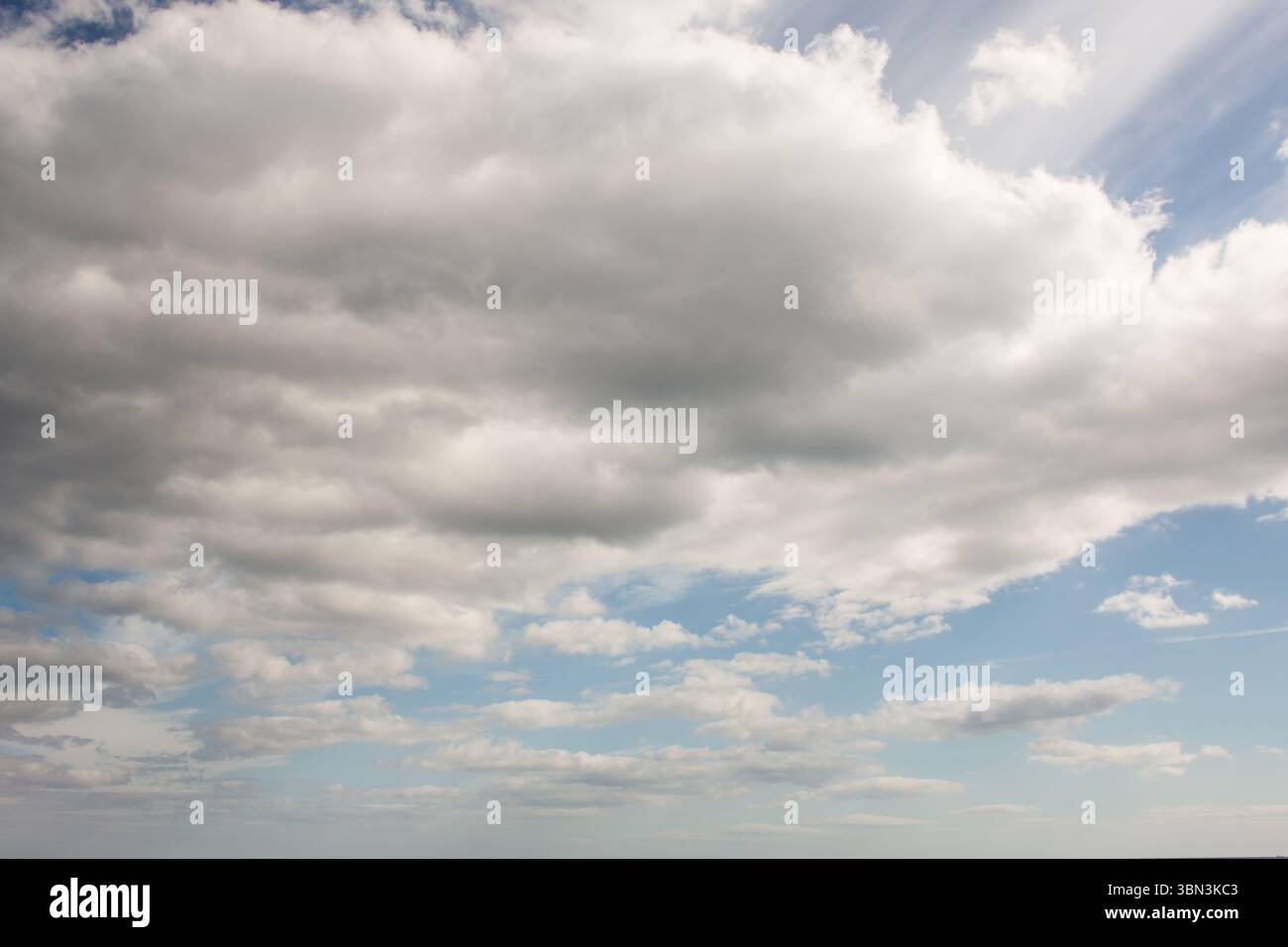 Large cumulus cloud formation is dominating flat design sky illustration, with pale blue sky ...