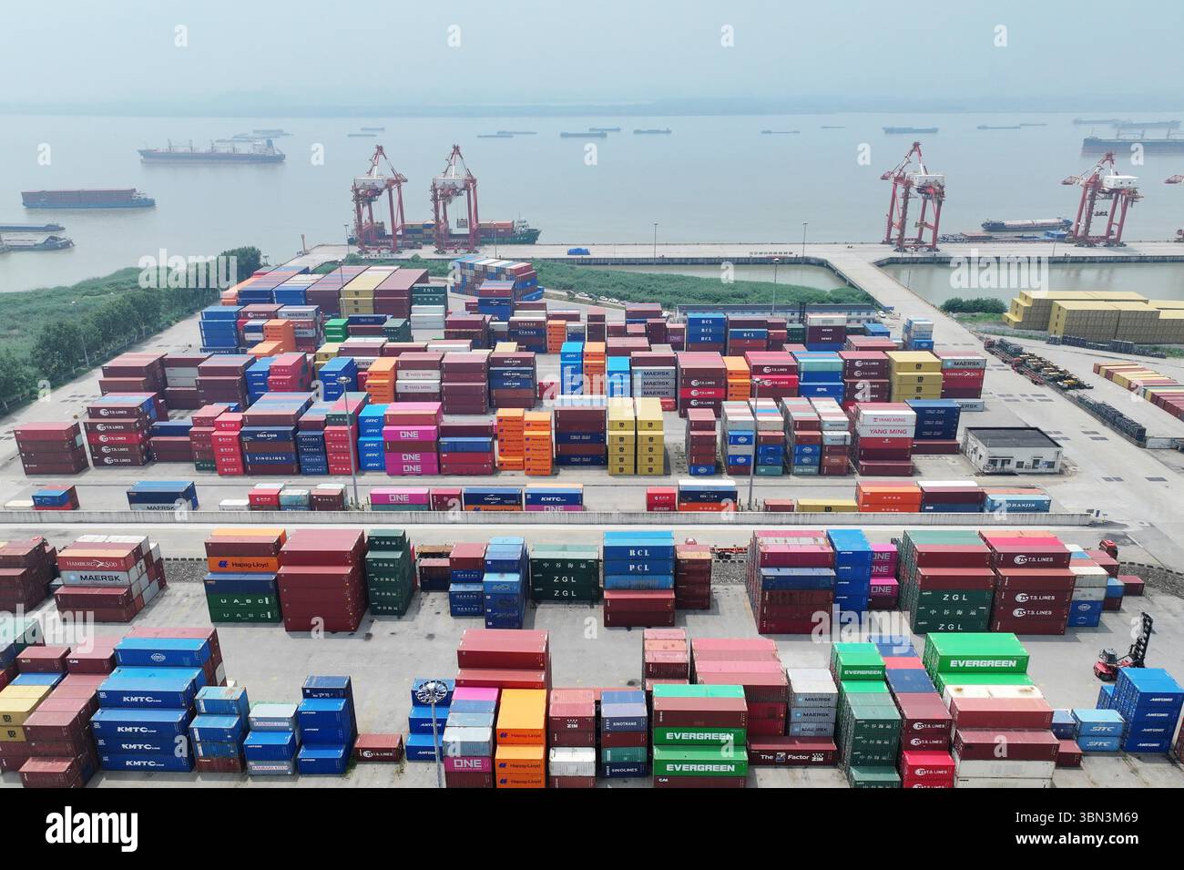Aerial photo shows the busy container terminal at Yangzhou Port in ...
