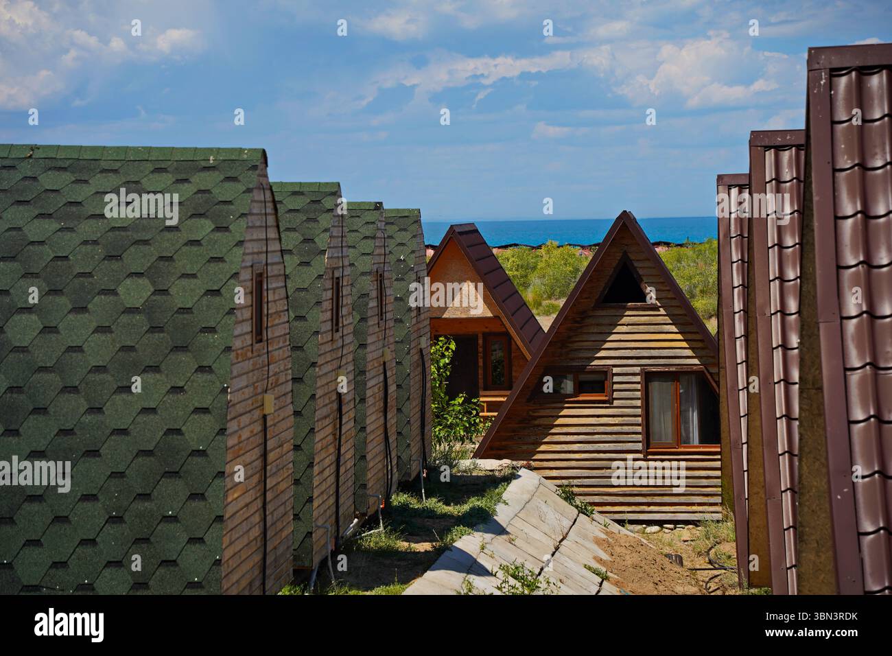 The bungalow. Beach houses on the shore of Lake Balkhash. Summer ...