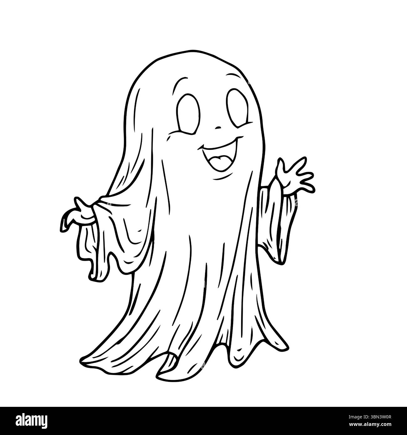Funny ghost flying, black and white ink sketch. Vector illustration. A ...