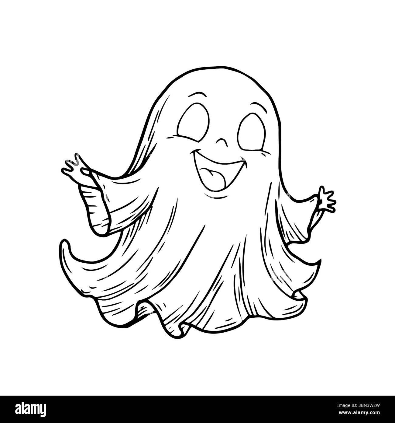 Funny ghost flying, black and white ink sketch. Vector illustration. A ...