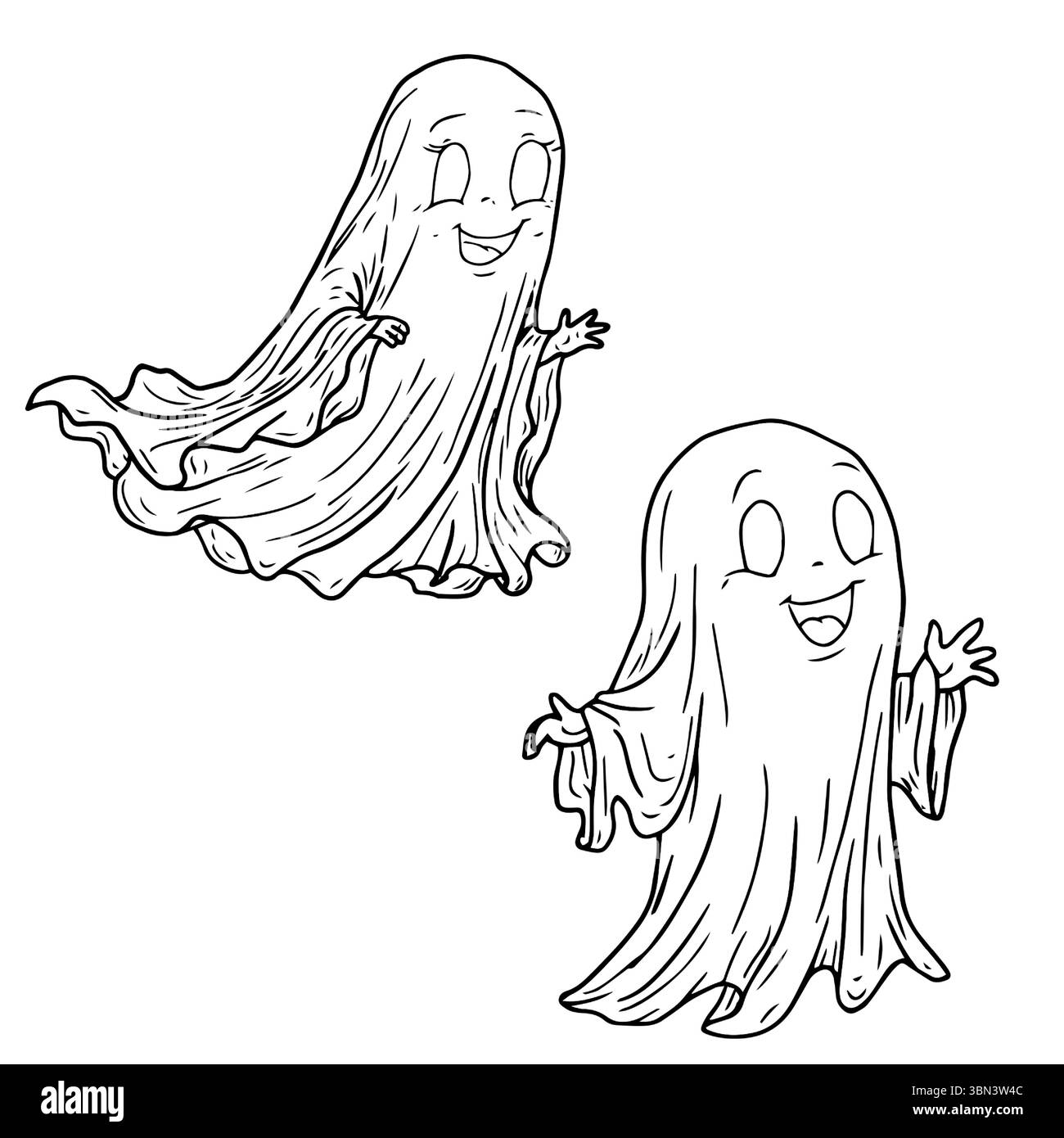 Funny flying ghost, sketched in black and white ink. Vector ...