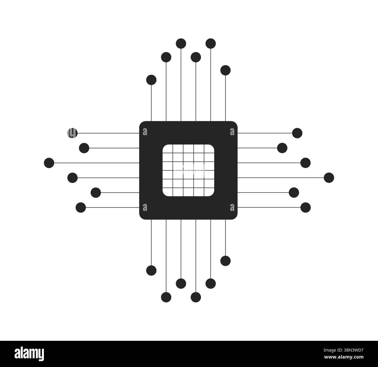 Central microchip with extending circuit nodes 2D line object Stock ...