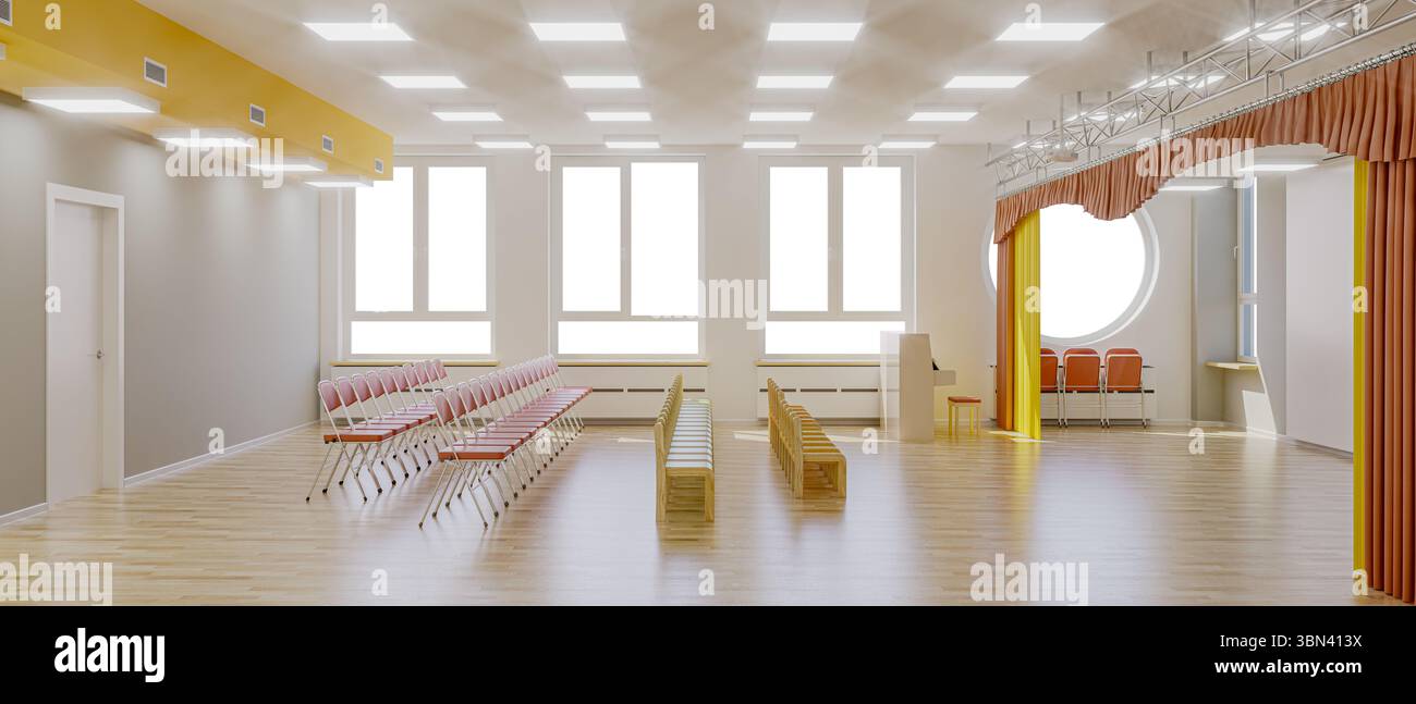 Modern school assembly hall interior. The auditorium room in the school ...
