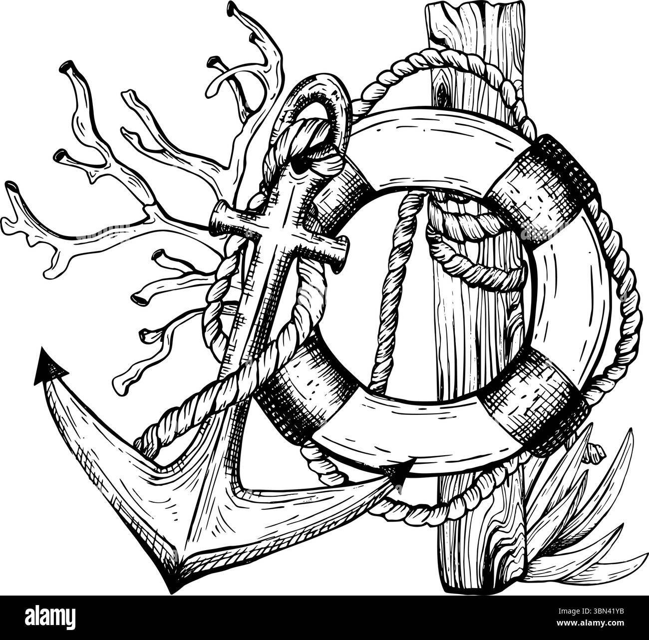 Black and white nautical vector illustration features an anchor ...