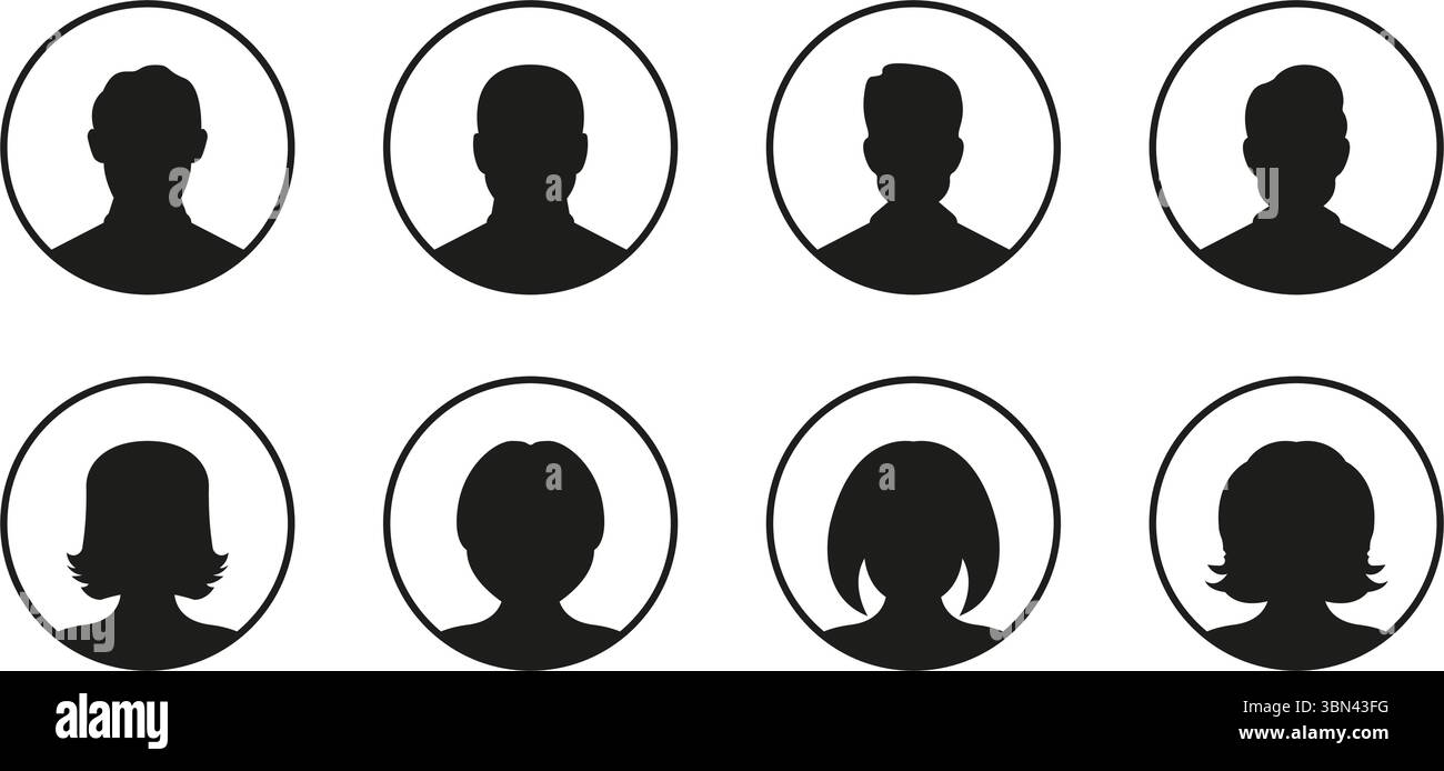 Male and Female Avatar Profile Silhouettes in Circular Frames Solid ...