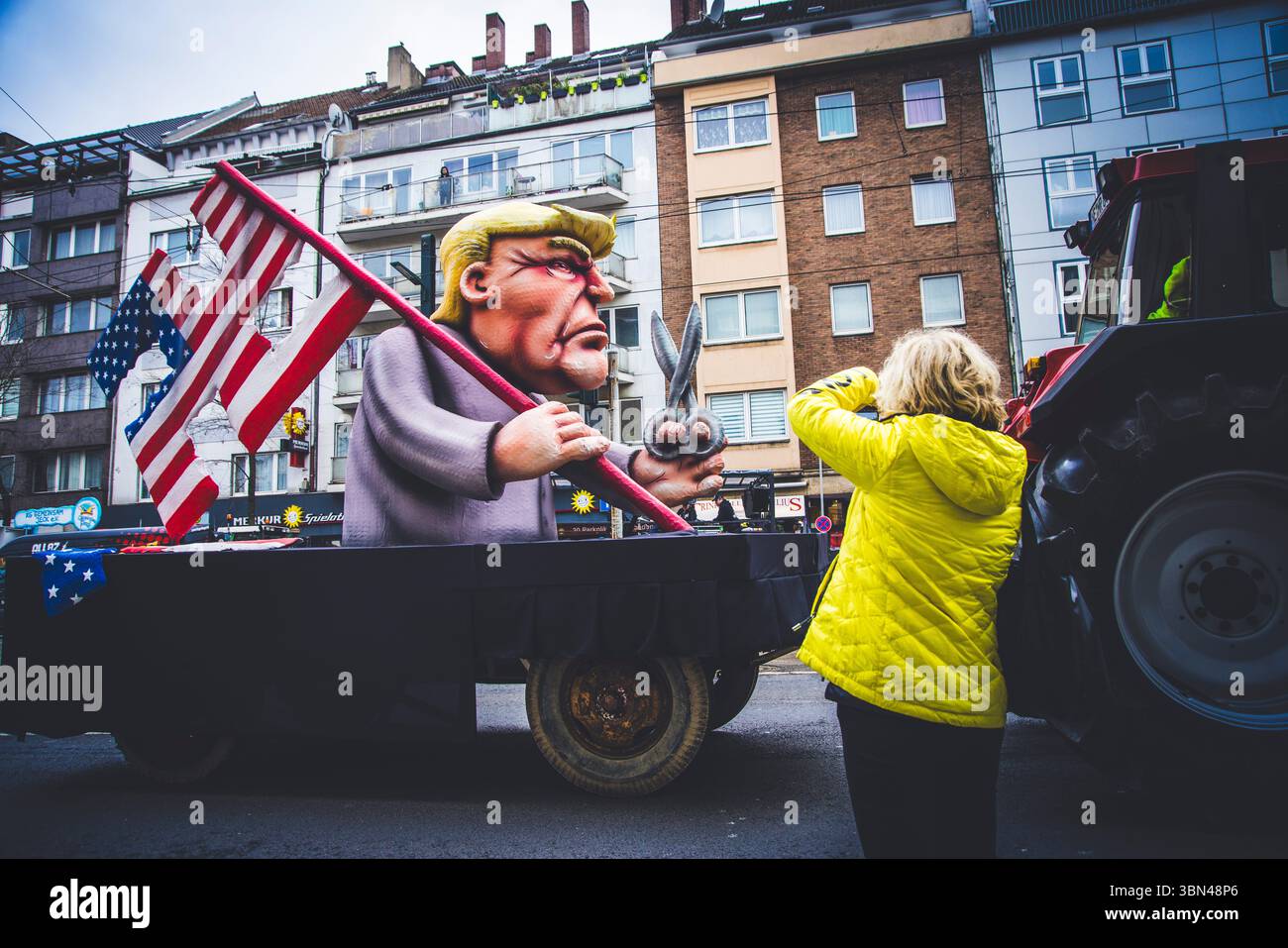 Germany, Dusseldorf, carnival. Float during the parade representing ...