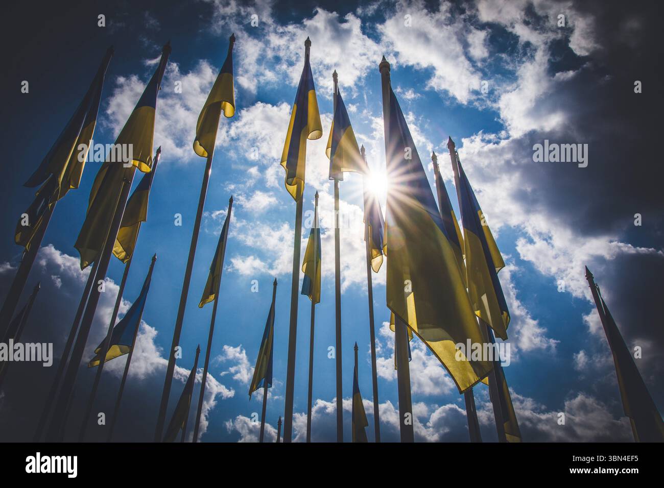 Ukrainian flags on cloudy sky background Stock Photo - Alamy