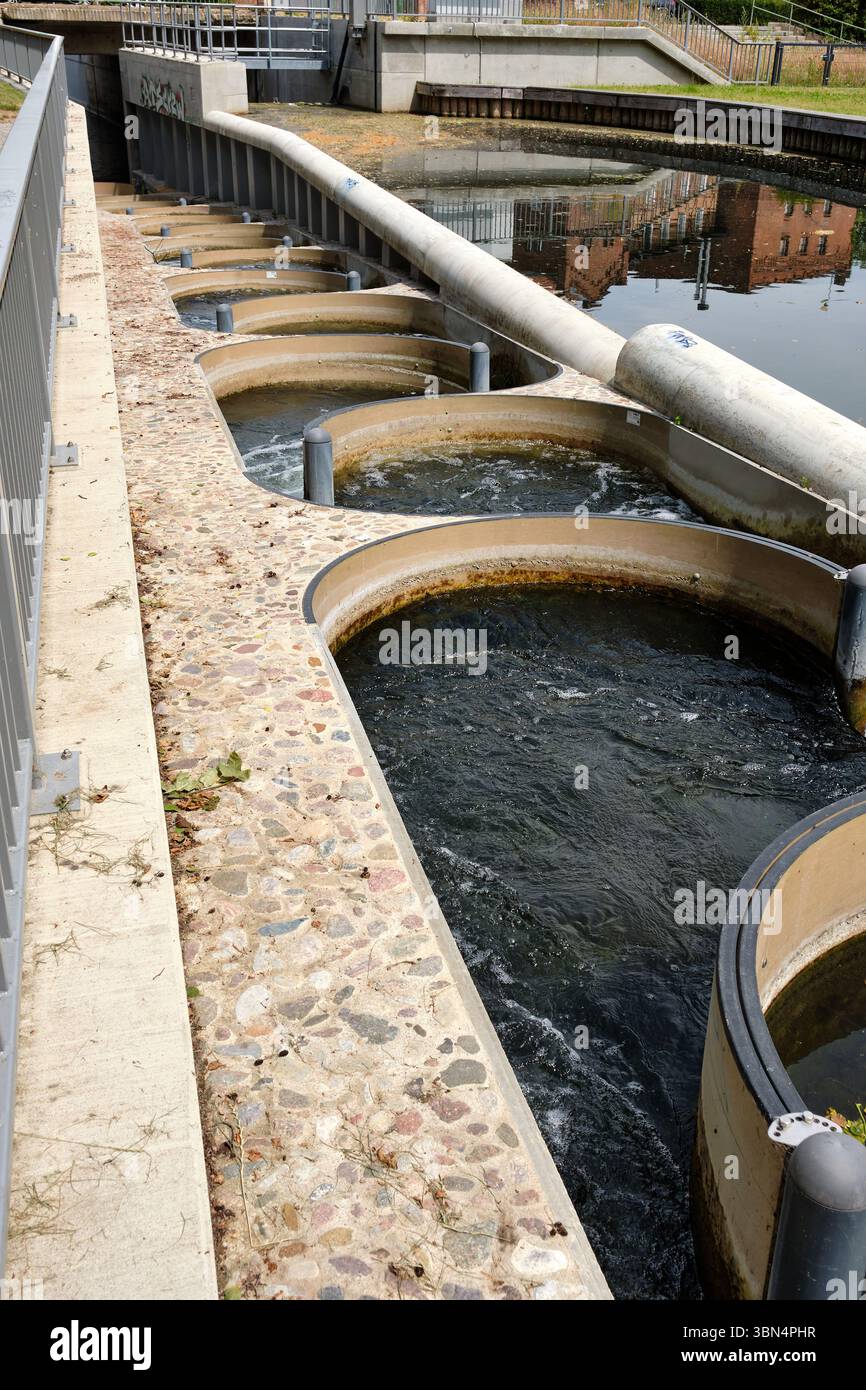 June 23, 2025 - Neubrandenburg-Germany: Curved concrete fish ladder ...