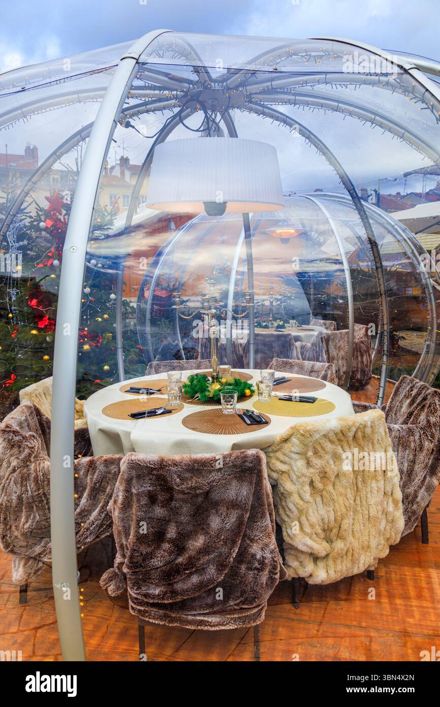 Nancy, Christmas market. Transparent bubble of a restaurant with a ...