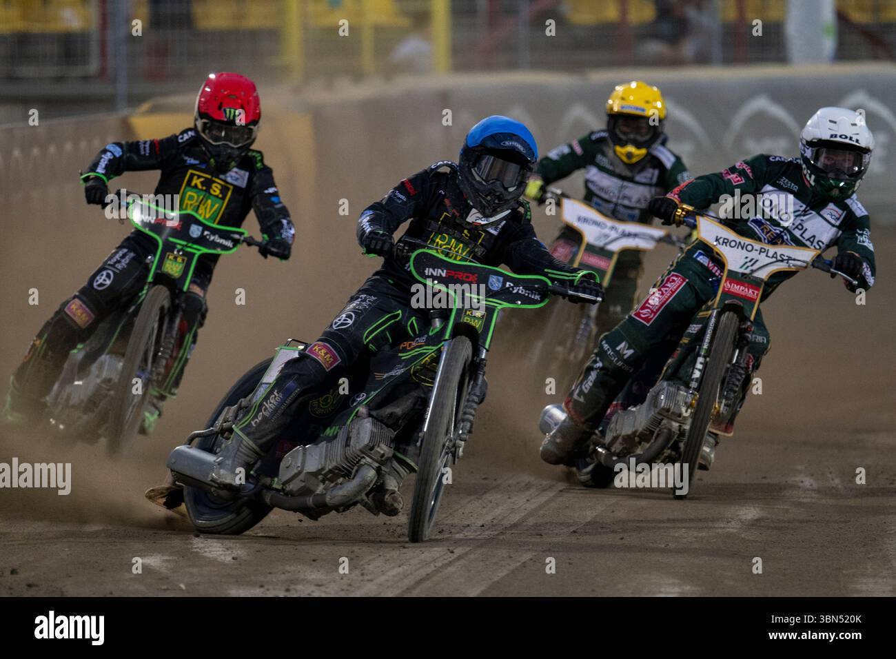 Maksym Drabik of ROW (blue) leads Jason Doyle of Wlokniarz (white ...
