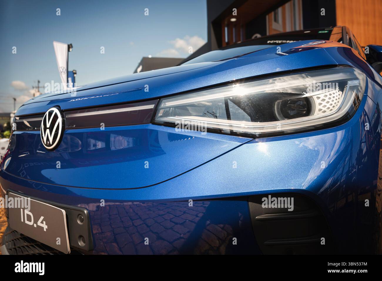 Detail of the front LED headlight assembly of the Volkswagen ID.4 ...