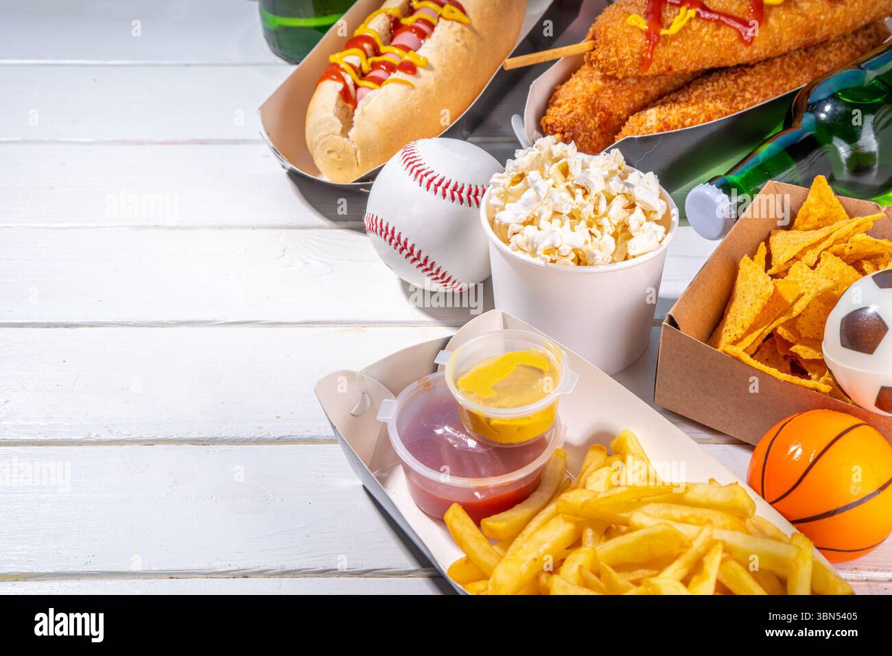Traditional sport stadium foods and beer background, Set of various ...