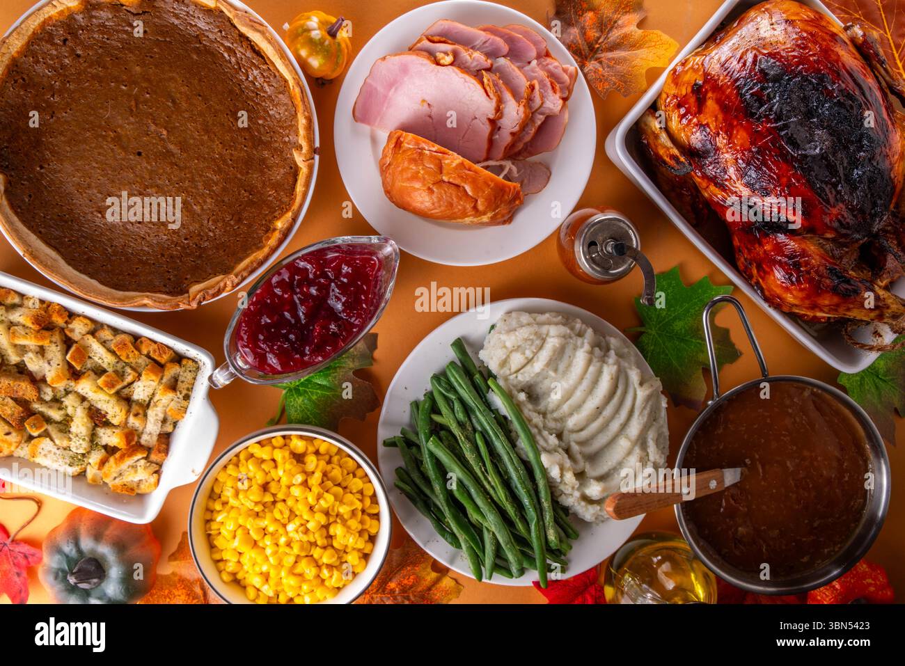 Thanksgiving dinner or lunch foods table. Assortment set of various ...