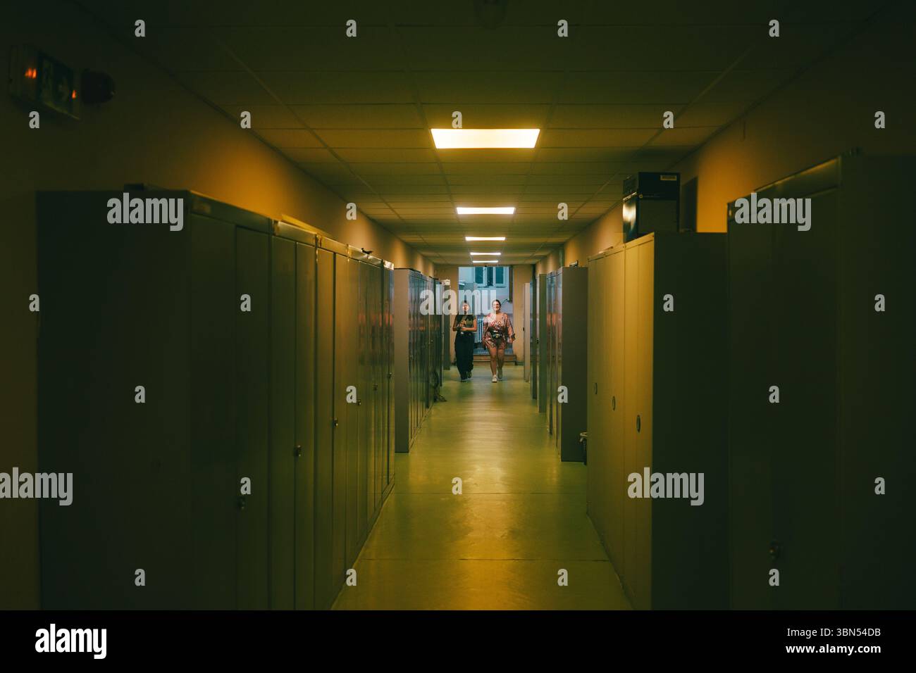 Belgrade, Serbia - June 28, 2025: Corridors of the Faculty of Music, night scene with two female ...
