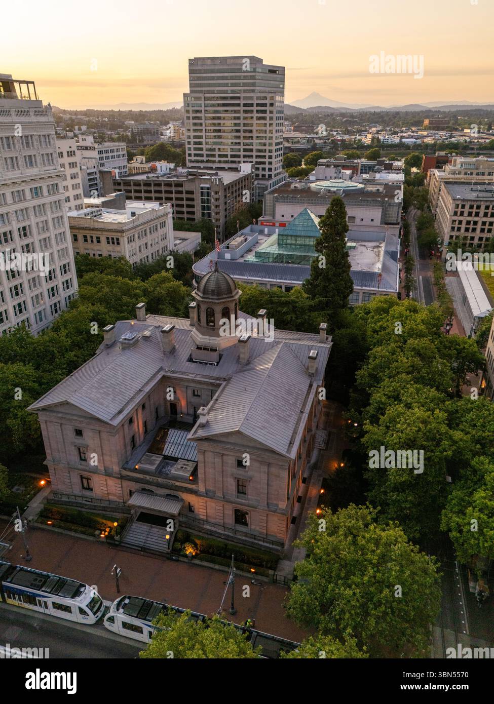 Pioneer Courthouse, Portland, Oregon, at sunrise, aerial view, with ...