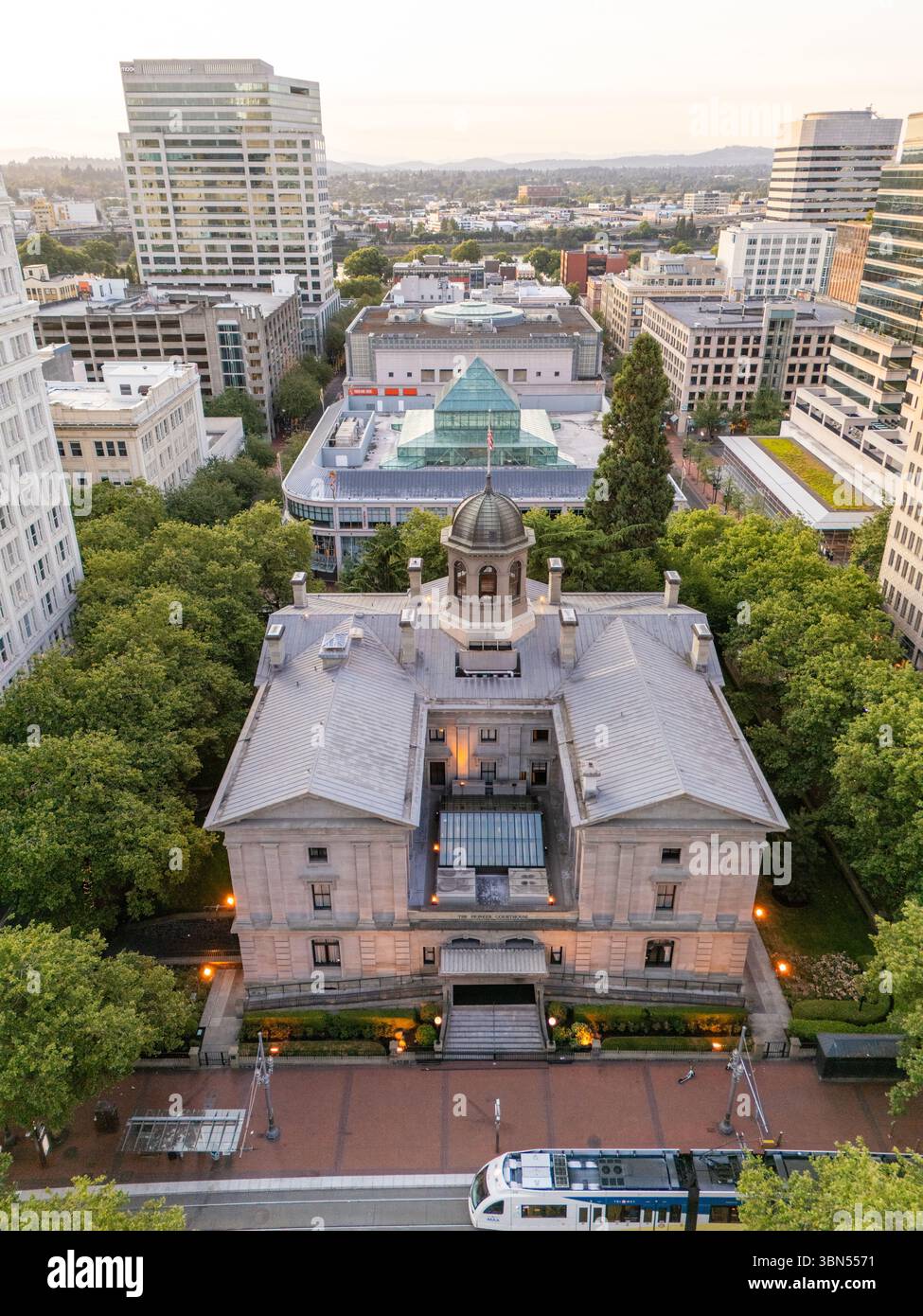 Pioneer Courthouse, Portland, Oregon, at sunrise, aerial view, with ...