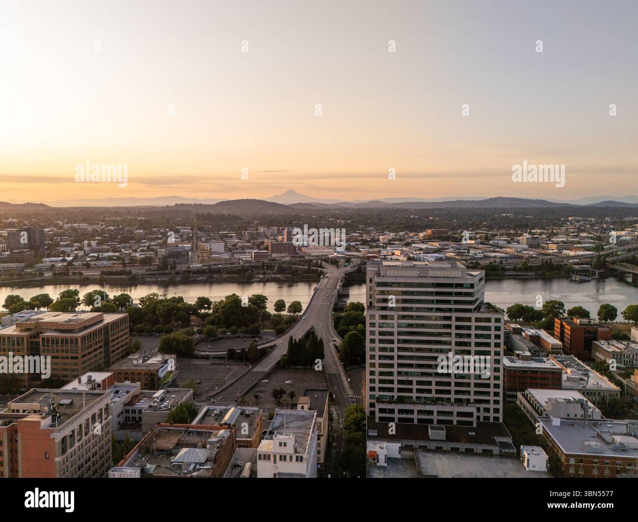 Downtown old town Portland, Oregon, at dawn, with Mount Hood, Mount ...