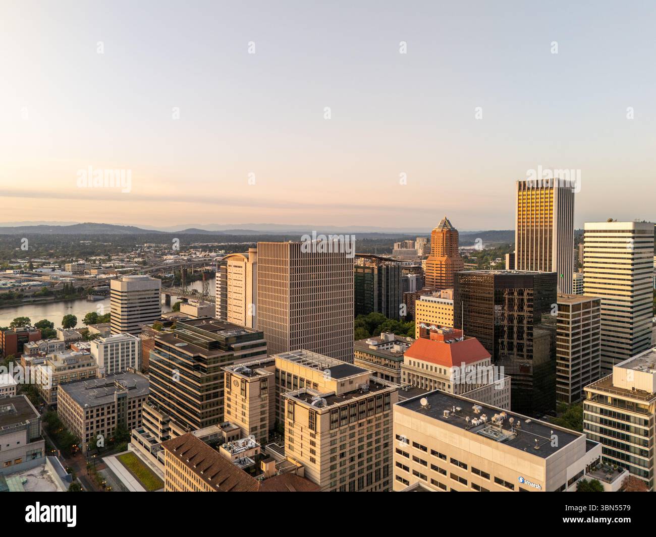 Downtown old town Portland, Oregon, at dawn, with Mount Hood, Mount ...