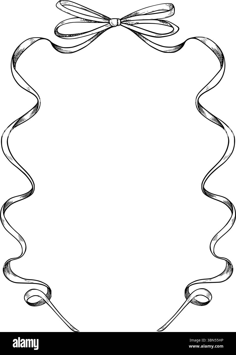 Hand drawn vector Frame with curled Ribbon and tied Bow for wedding ...
