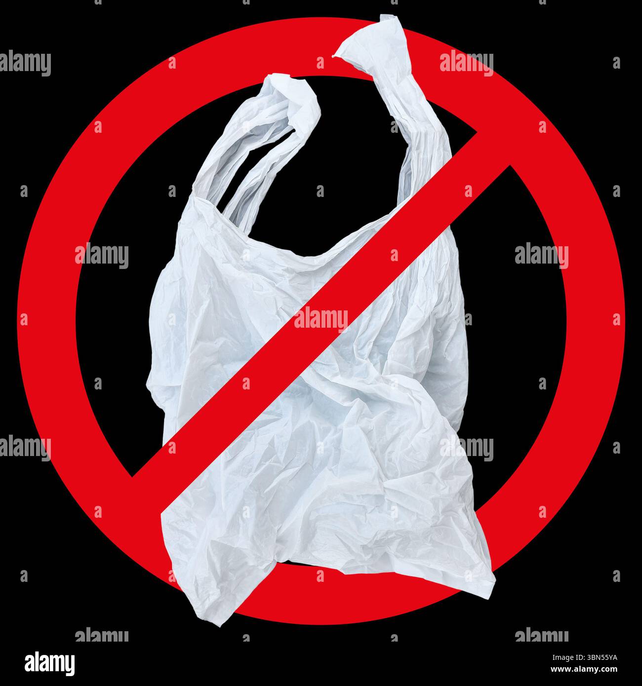 one white plastic bag with red forbidden sign isolated on black Stock ...