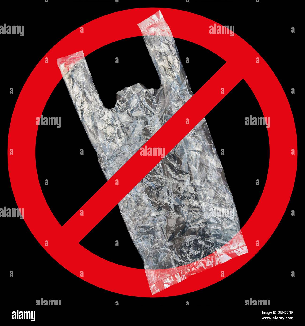 one clear plastic bag with red forbidden sign isolated on black Stock ...