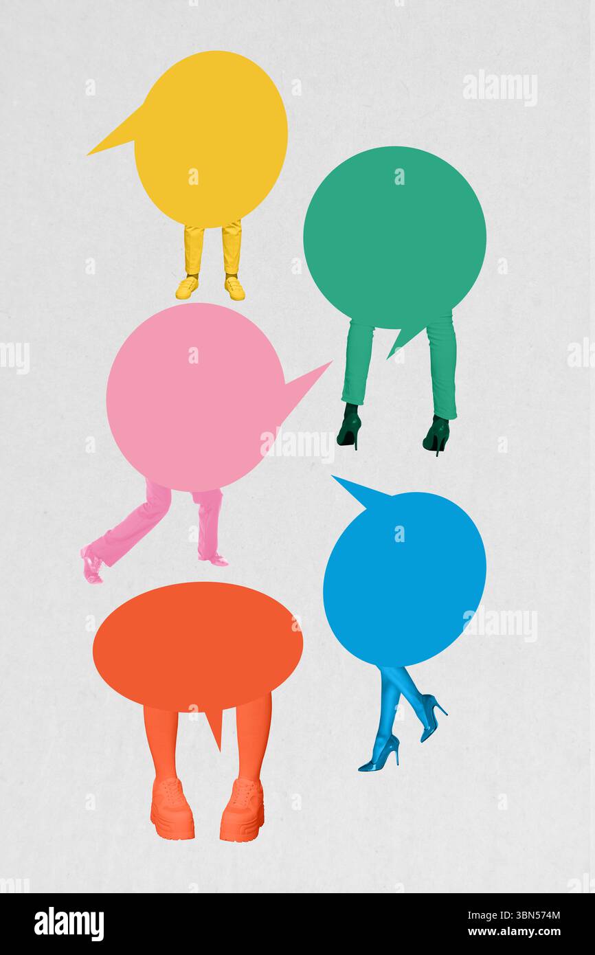 Banner trendy vertical art collage of bodyless human stand legs bubble ...