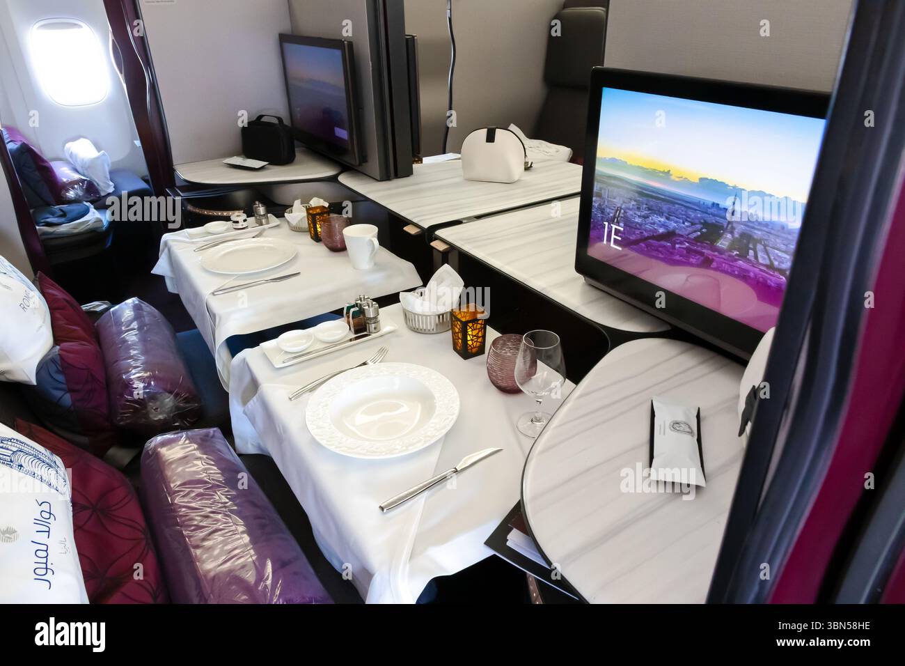 Qatar Airways Boeing 777 passenger plane first class seats. Paris ...