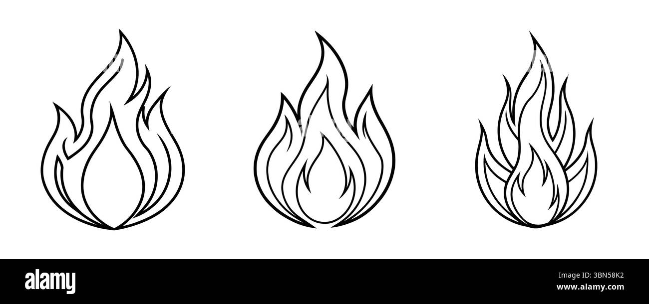 stylized flame icons; bold black line art; vector graphics; fiery ...