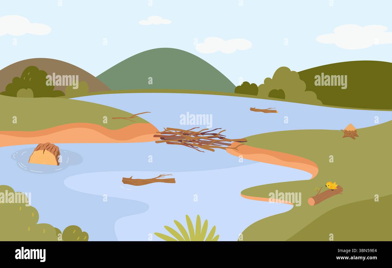 Nature background with lake. Dam on river, green hills in valley ...