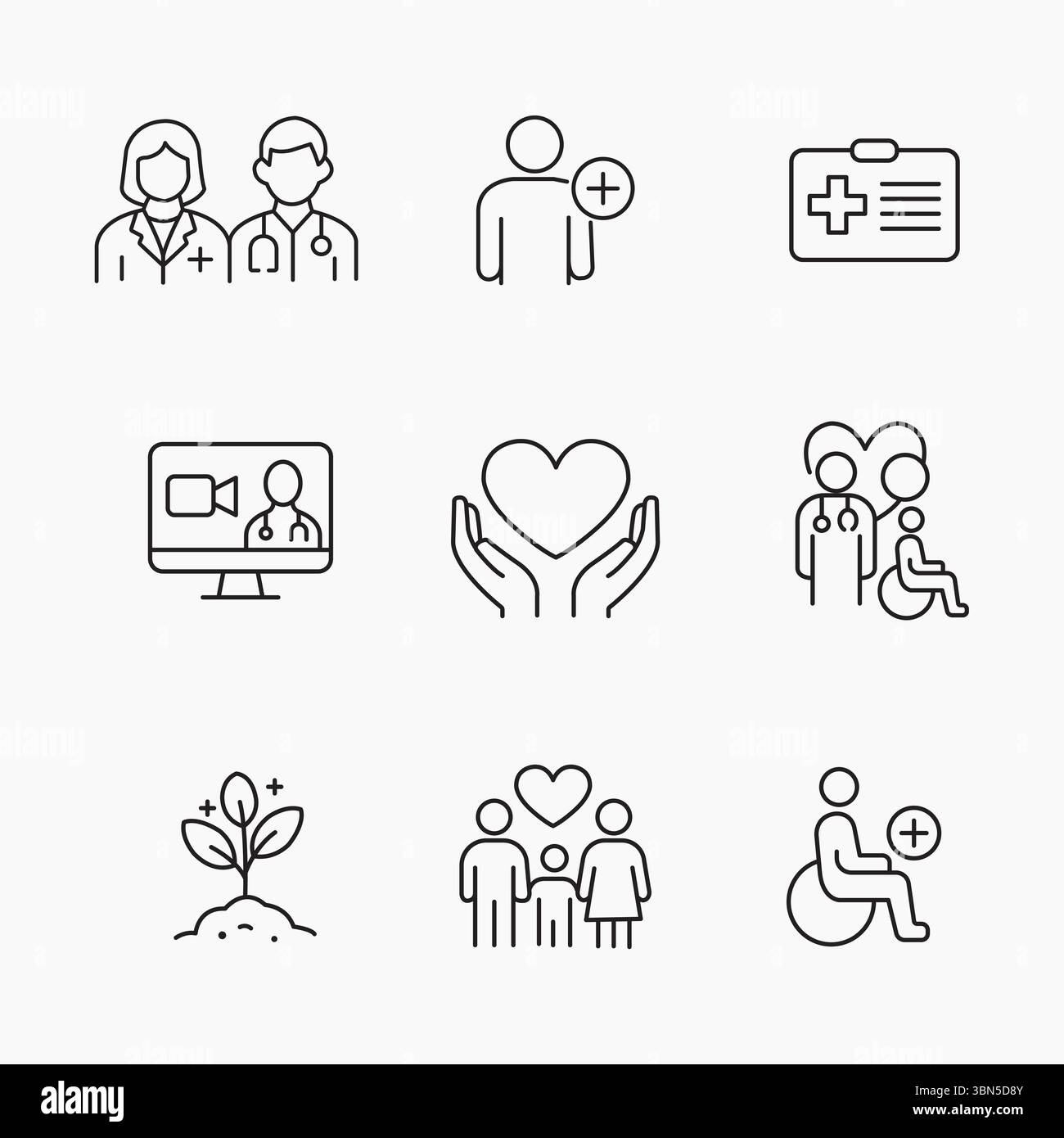 A set of outline icons representing inclusive healthcare, accessibility ...