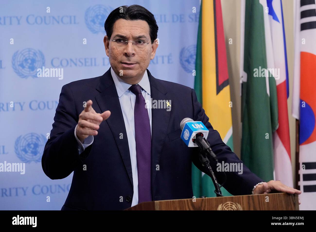Israel Ambassador Danny Danon addresses the media before a United ...