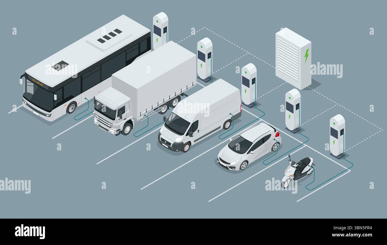 Isometric illustration of electric vehicle charging station with car, bus, truck, van, and ...